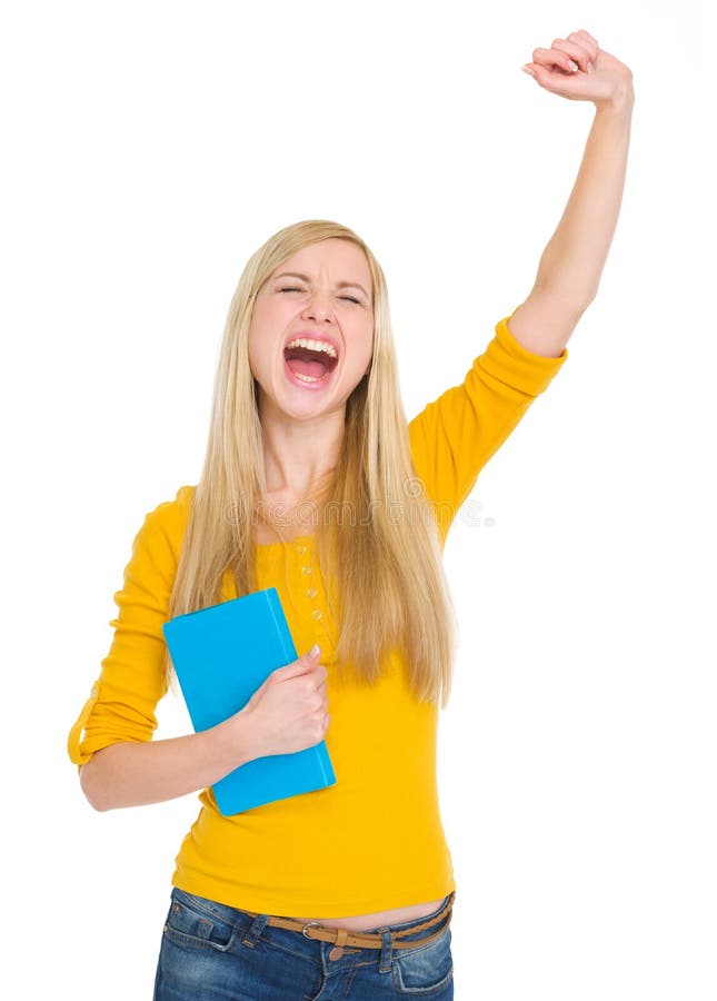 Happy Student Girl with Book Rejoicing Success Stock Photo - Image of ...