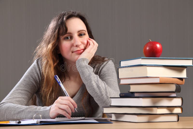 Happy Student Girl Doing Homework with Books Stock Photo - Image of ...