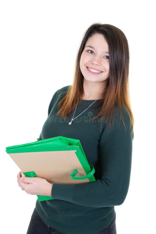 Happy Student Girl Poses Looking at Camera in White Background Stock ...