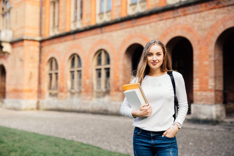 Happy Student Girl with School Bag and Notebooks Outdoors Stock Image ...