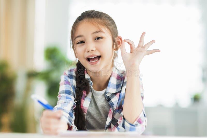 Happy Student Girl Study. Showing Ok Gesture Stock Photo - Image of ...