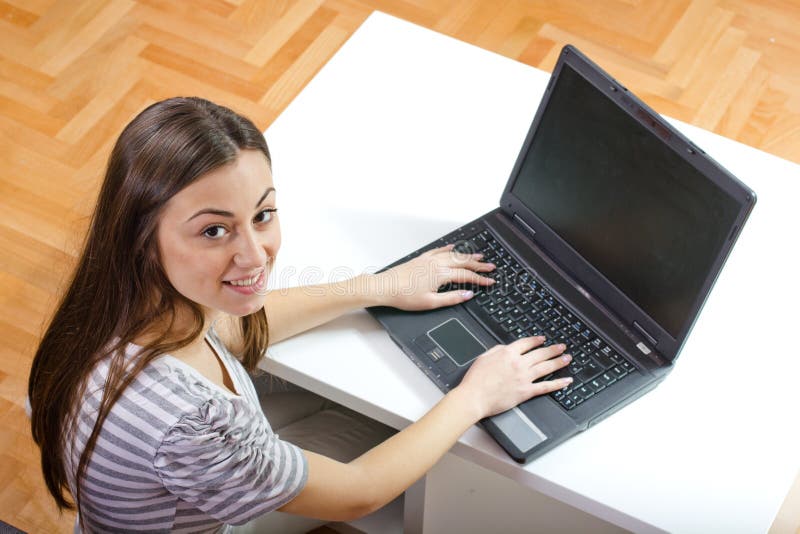 Happy Student Girl Using Laptop Stock Photo - Image of comfortable ...