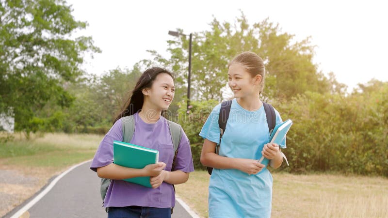 Happy Student Girls Walking and Talking in the School Stock Photo ...