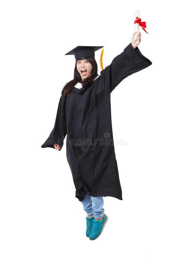 Male Graduate Student Jumping Out of Joy Stock Photo - Image of ...