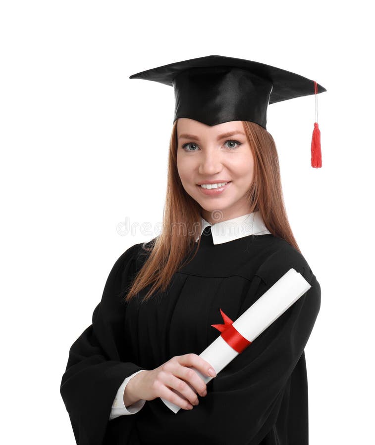 Happy Student Wearing Graduation Hat on White Stock Image - Image of ...