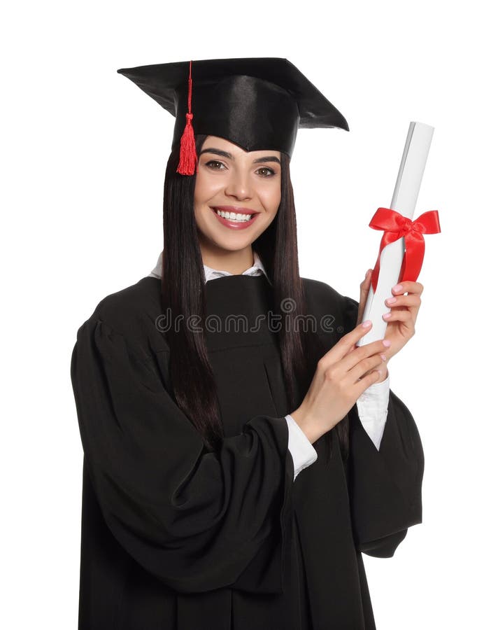 Happy Student with Graduation Hat and Diploma on White Background Stock ...