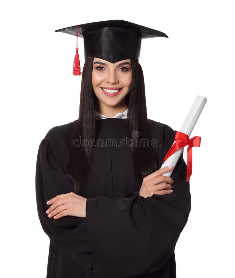 Happy Student with Graduation Hat and Diploma on White Background Stock ...