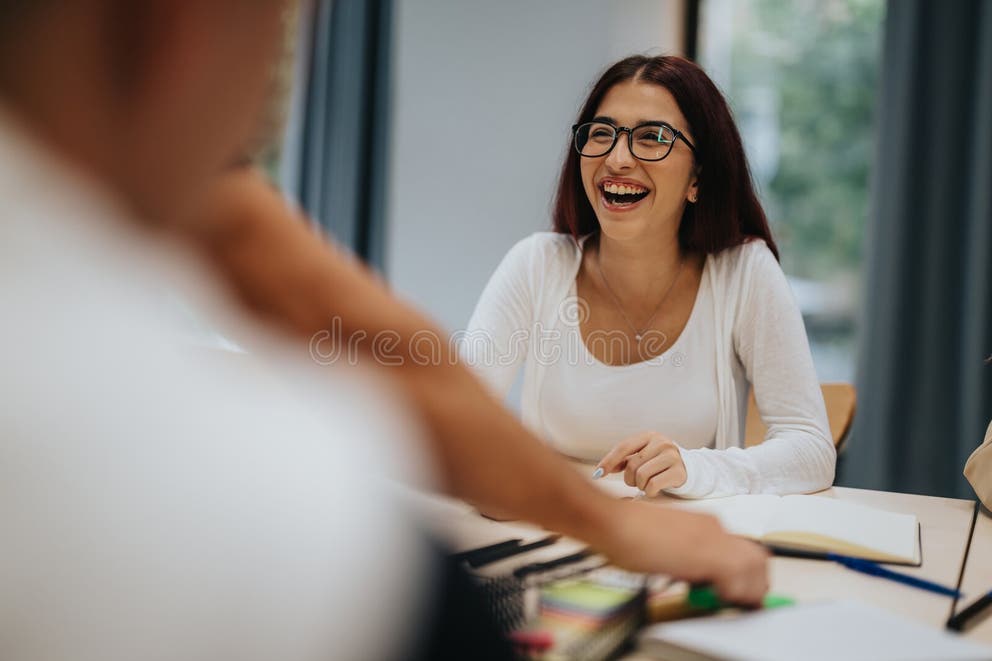 Happy Student Laughing during Interactive Study Session at Class Stock ...