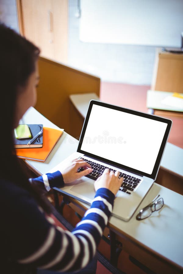 Happy Student in Lecture Hall Using Laptop Stock Image - Image of ...