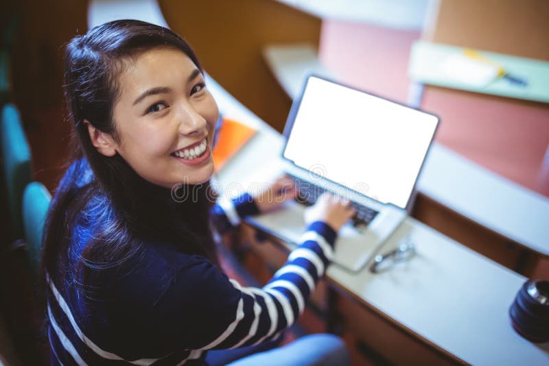 Happy Student in Lecture Hall Using Laptop Stock Photo - Image of ...