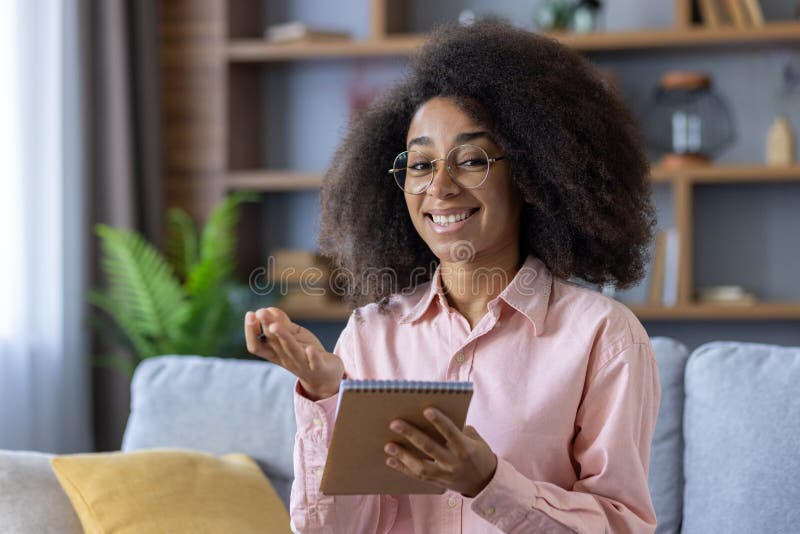 Smiling Student Talking during Video Call at Home Stock Image - Image ...