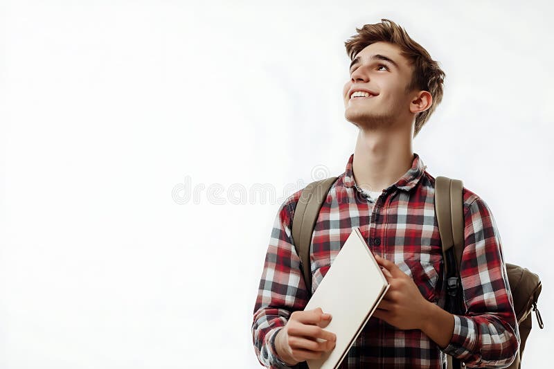 Happy Student Looking Up, Holding Notebook Stock Illustration ...