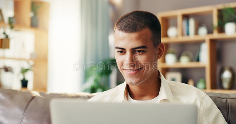Happy, Student and Man on Sofa with Laptop for Online Research ...
