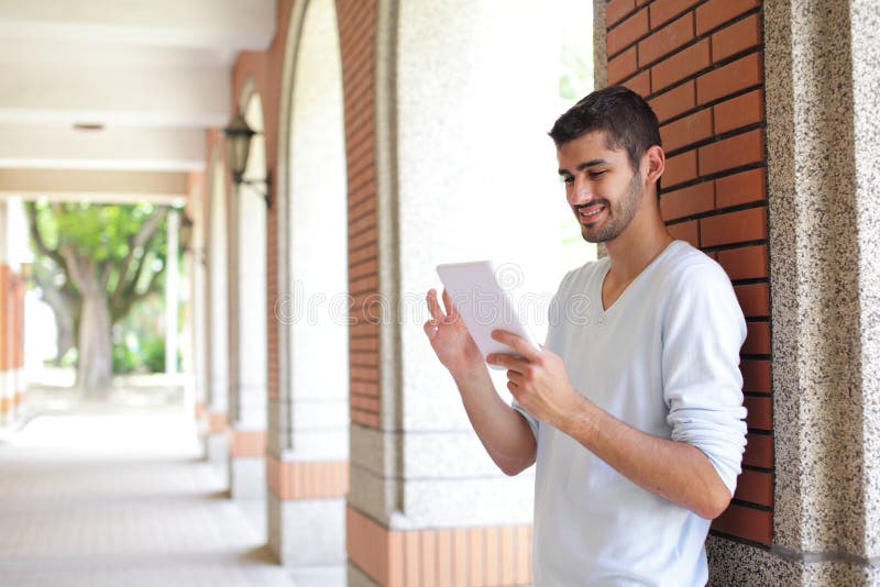 Happy Student Man Using Touch Pad Stock Image - Image of media ...