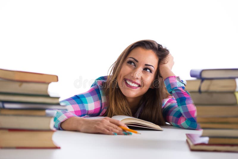 Happy Student Reading and Giving Thumbs Up Stock Photo - Image of ...