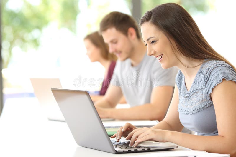 Happy Student Searching on Line at Classroom Stock Photo - Image of ...