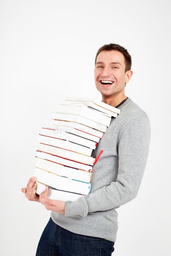 Happy Student with a Stack of Books Stock Photo - Image of positivity ...