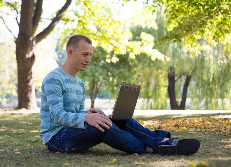 Happy Student Study with Laptop in City Park Stock Photo - Image of ...