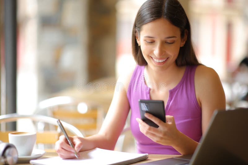 Happy Student Studying Checking Smartphone Stock Image - Image of ...