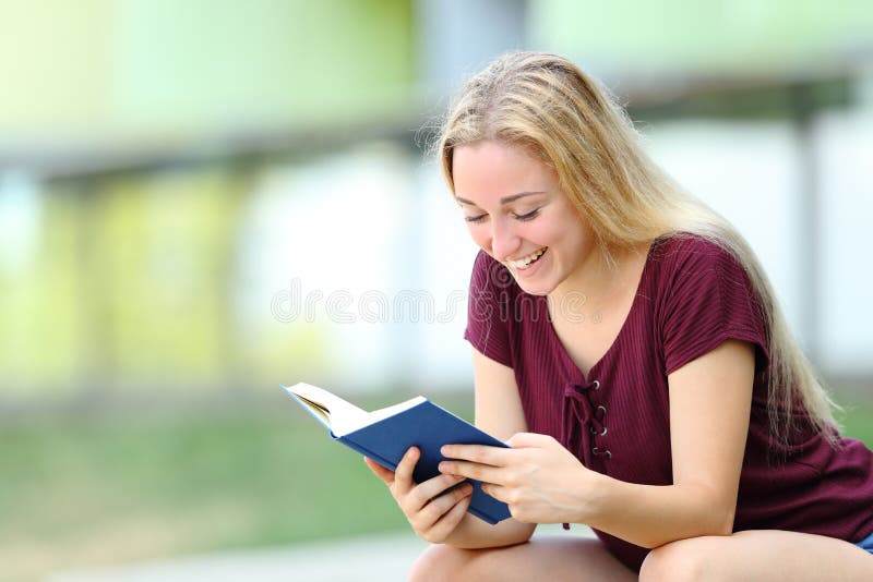 Happy Student Studying Reading a Book Outdoors Stock Image - Image of ...