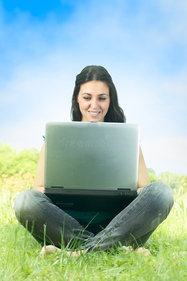Happy Student Girl Using Laptop Stock Photo - Image of comfortable ...