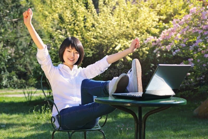 Happy Student Using Laptop in the Garden Stock Image - Image of ...