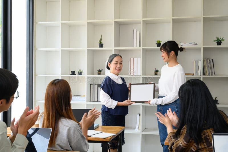 Happy Student Woman Accepting Certificate from Her Professor. Education ...