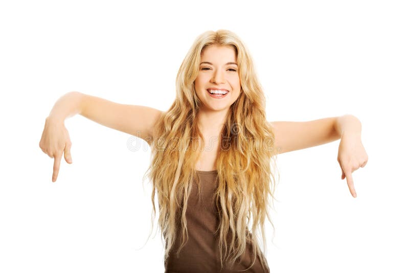 Happy Student Woman Pointing Down Stock Photo - Image of model, fashion ...