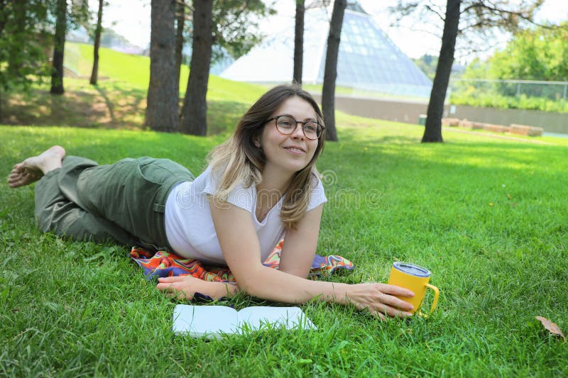 Happy Student Woman Take a Rest in a Park with a Cup of Tea Stock Image ...