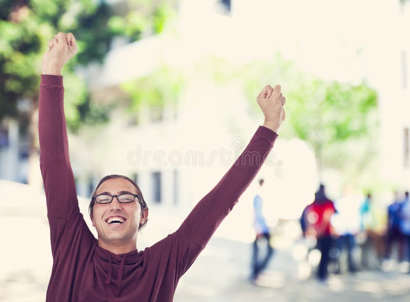 Happy Student with Arms Raised on Air Stock Image - Image of happiness ...