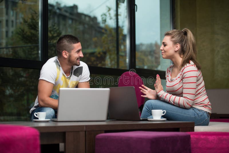 Happy Students in Cafe with Laptop Stock Photo - Image of gathering ...