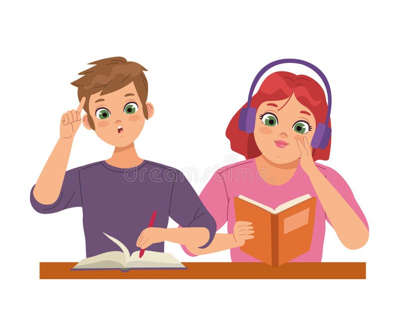 Happy Students Couple Studying Stock Vector - Illustration of read ...