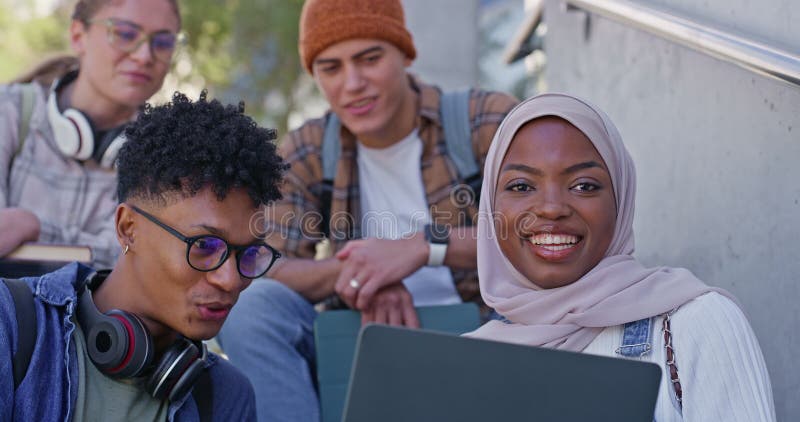 Happy Students, Diversity and Project with Laptop on Stairs for Online ...