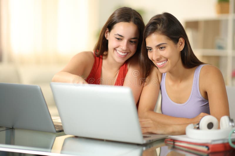 Happy Students E-learning with Laptops Stock Photo - Image of college ...
