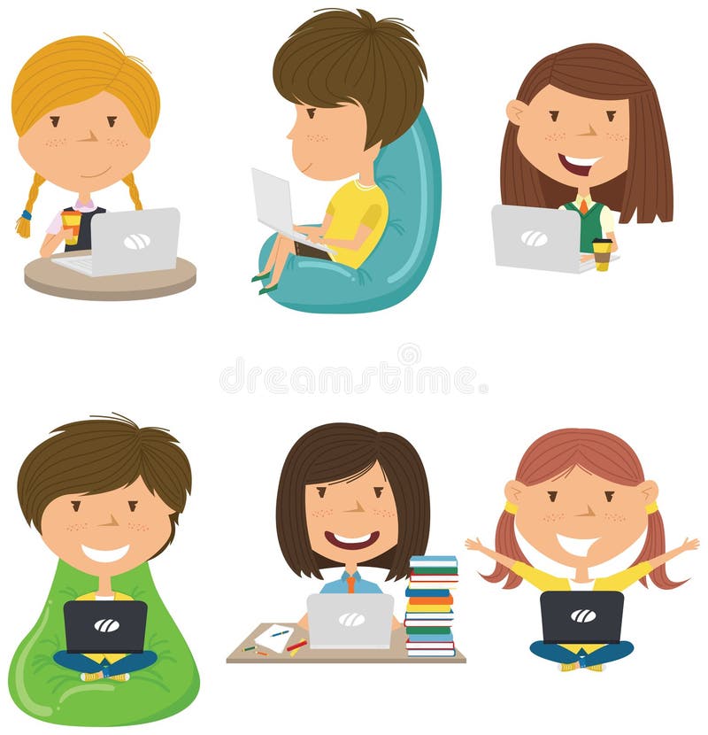 Happy Students Learn and Do Homework by Computer Stock Vector ...