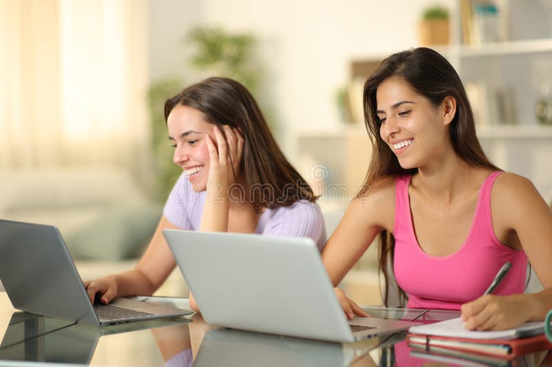 Happy Students Learning Online at Home Stock Image - Image of lesson ...