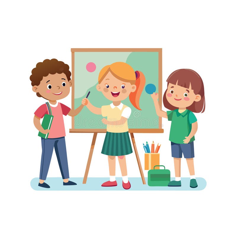 Happy Students Learning Together with Chalkboard in Classroom ...