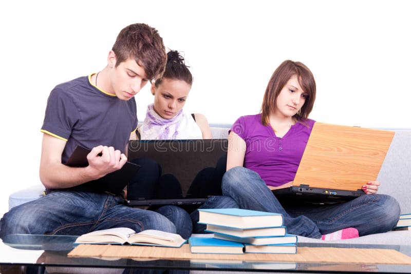 Happy Students Looking at Laptop Stock Photo - Image of portrait ...