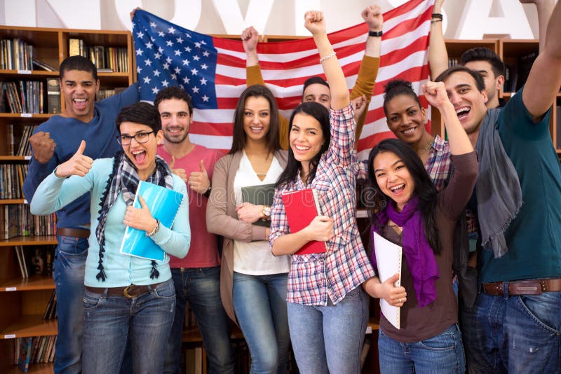 Happy Students Presenting Their Country with Flags Stock Photo - Image ...