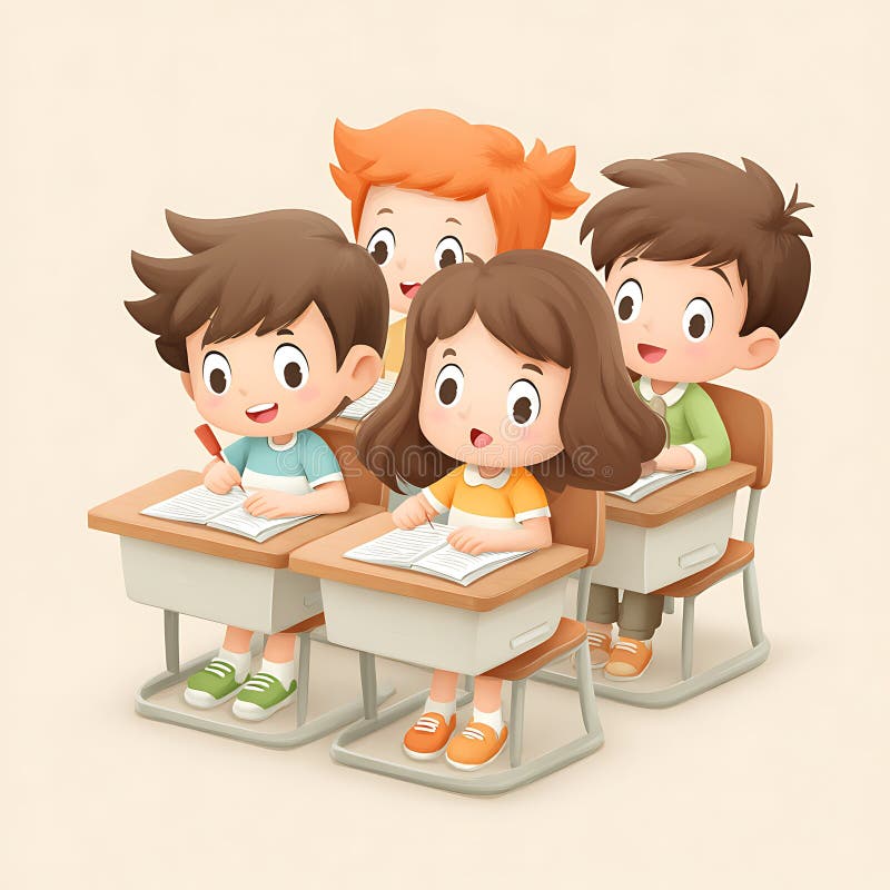 Happy Students Studying Together in a Colorful Classroom Illustration ...