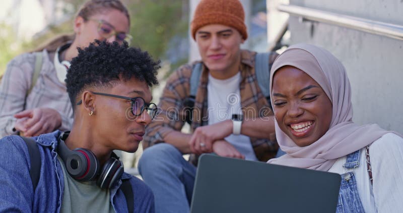 Happy Students, Teamwork and Research with Laptop on Stairs for Online ...