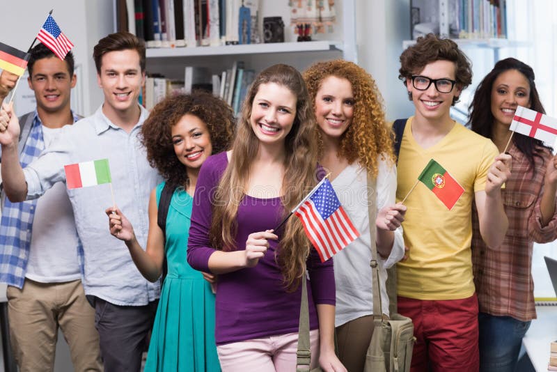Happy Students Waving International Flags Stock Photo - Image of adult ...