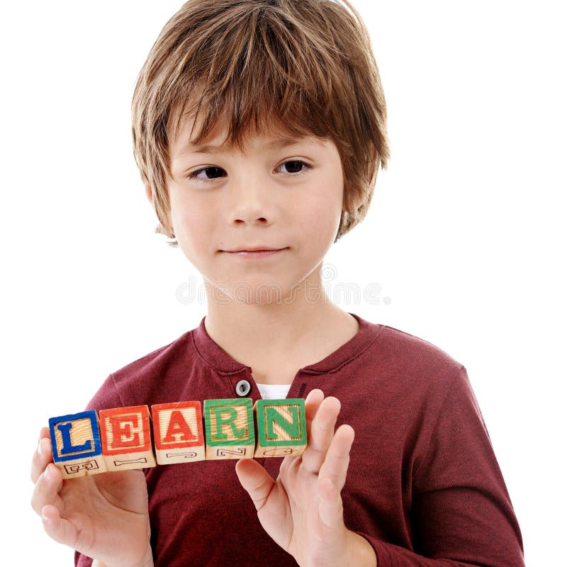 Happy, Studio and Face of Kid with Building Blocks for Learning ...