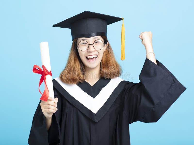 Graduation Girl with Showing Gesture in Classroom Stock Image - Image ...