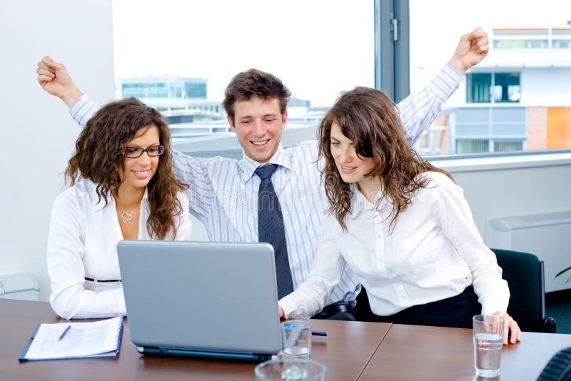 Happy Business People With Computer Portrait Of Business Black Woman