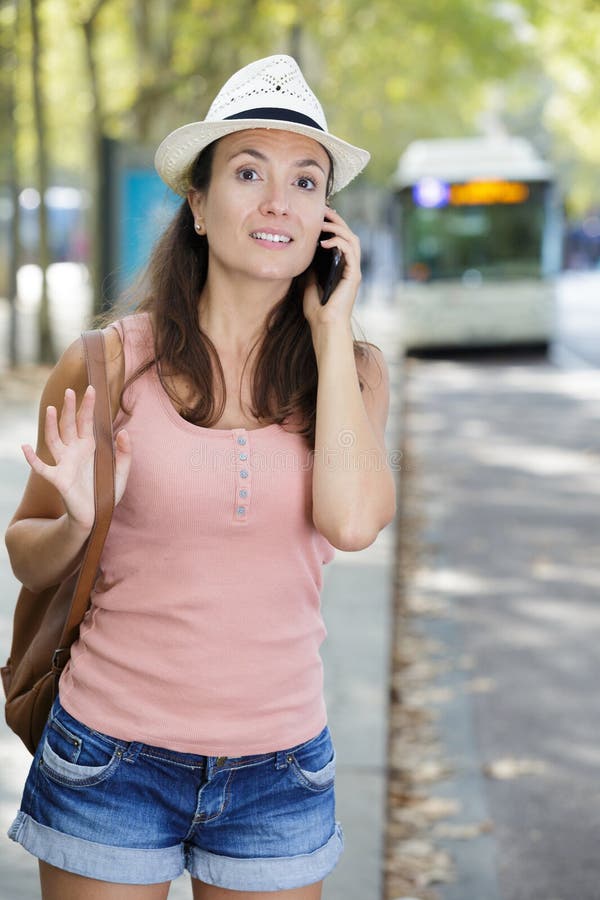 Happy Successful Woman Calling with Cell Telephone Outside Stock Photo ...