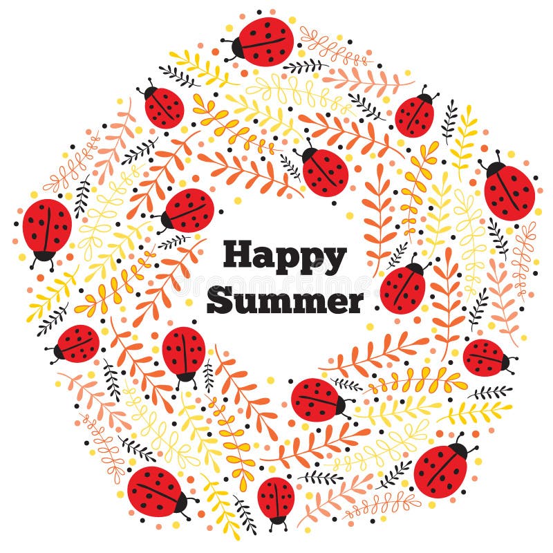 Happy Summer Card. Vector Funny Wreath. Decorative Frame. Ladybugs and ...