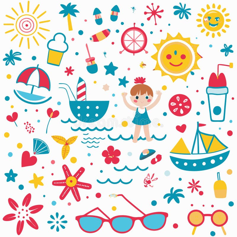 Happy Summer Child Playing in the Sea with Various Summer Icons Stock ...