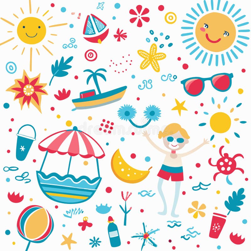 Happy Summer Fun Illustration with Kid, Sun, Beach, and Playful ...