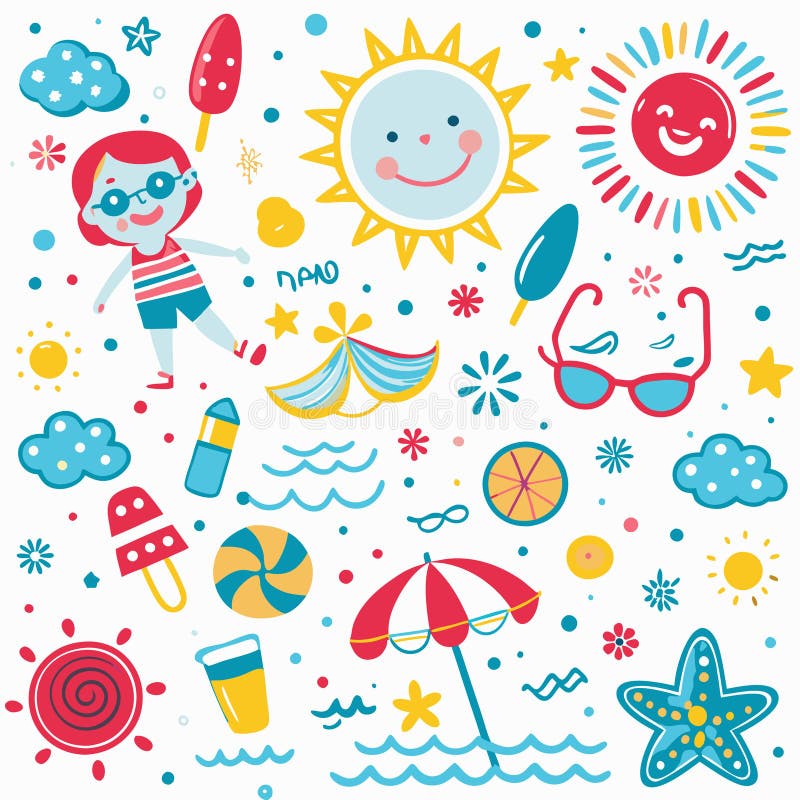 Happy Summer Kids Cartoon Illustration Stock Vector - Illustration of ...